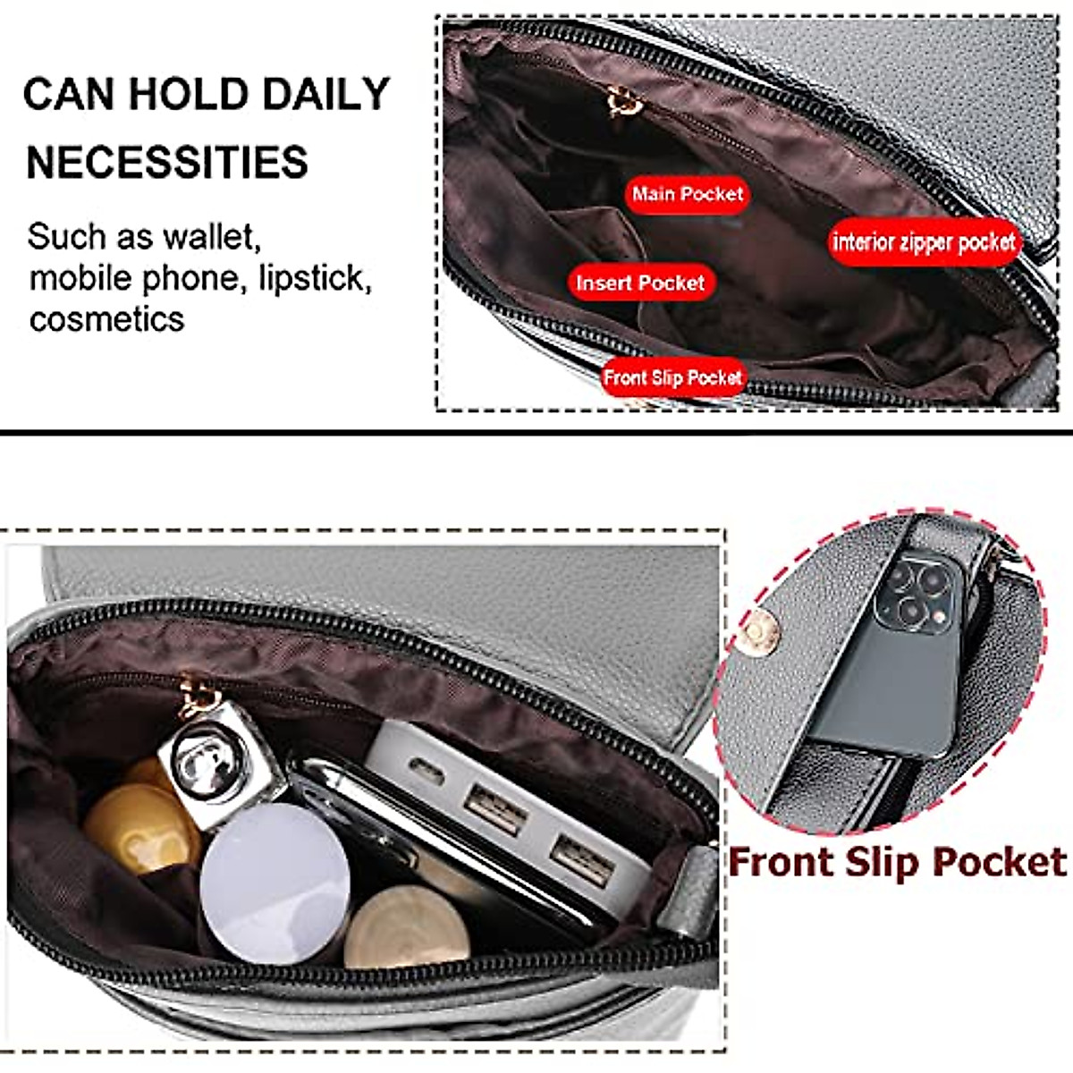 VINMEN Crossbody Bag, Leather shoulder phone bag for Women and Girls, Wallet Handbags with Long and Short Straps (Grey)