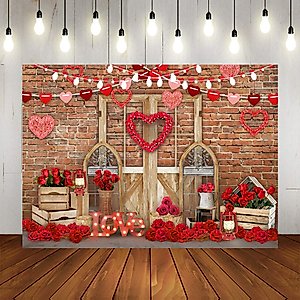Lofaris Happy Valentine's Mother’s Day Photography Backdrops Brick Wall Wood Door and Red Rose Flower Love Heart Lights Background Birthday Baby Shower Party Decorations Portrait Photo Booth Props
