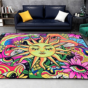 Mushroom Area Rugs - Funny Boho Sun Rug - Psychedelic Colorful Mushroom Rug Hippie Aesthetic Room Decor Carpet Glows Under Black Light Rooms Mat Rugs 60x40 Inch