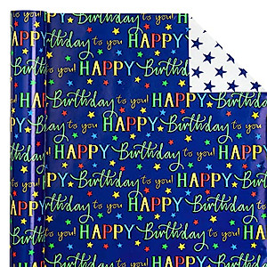 WRAPAHOLIC Reversible Birthday Wrapping Paper - Mini Roll - 17 Inch X 33 Feet - Colorful Happy Birthday Lettering and Stars Design for Party, Baby Shower, Holiday
