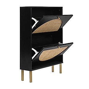 Rattan 2-Drawer Shoe Cabinet Modern Freestanding Shoe Rack Organizer Wooden Entryway Narrow Shoe Storage Cabinet w/Natural Rattan Flip Doors for Closet Hallway Small Space(1 Pack-Black)