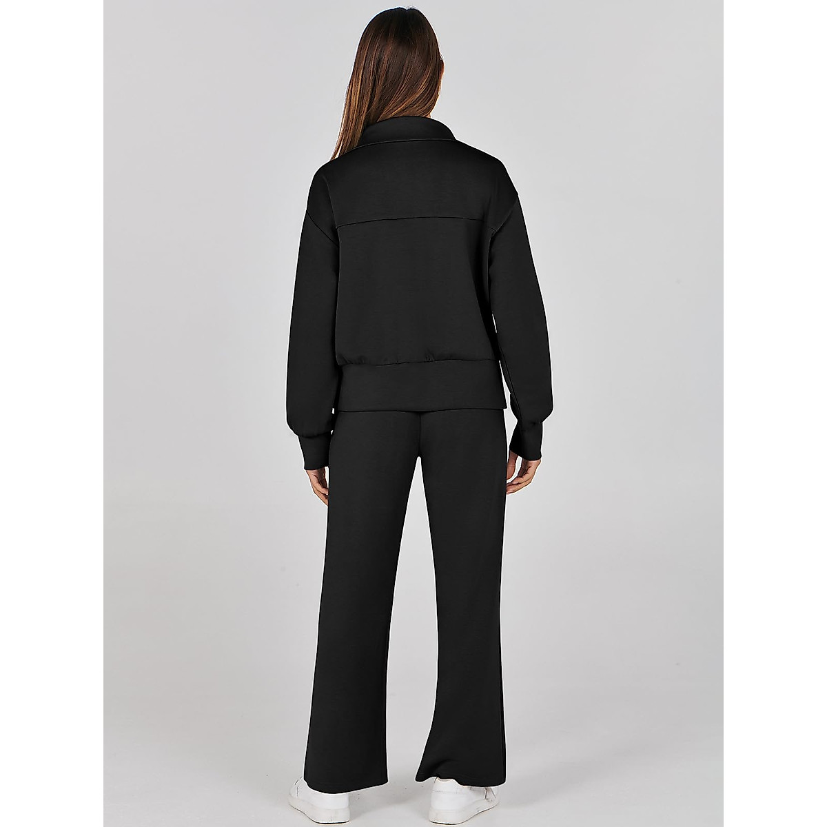 ANRABESS Womens Two Piece Outfits 2024 Fall Sweatsuit Set Half Zip Cropped Sweatshirt Wide Leg Sweatpant Lounge Set Black Medium