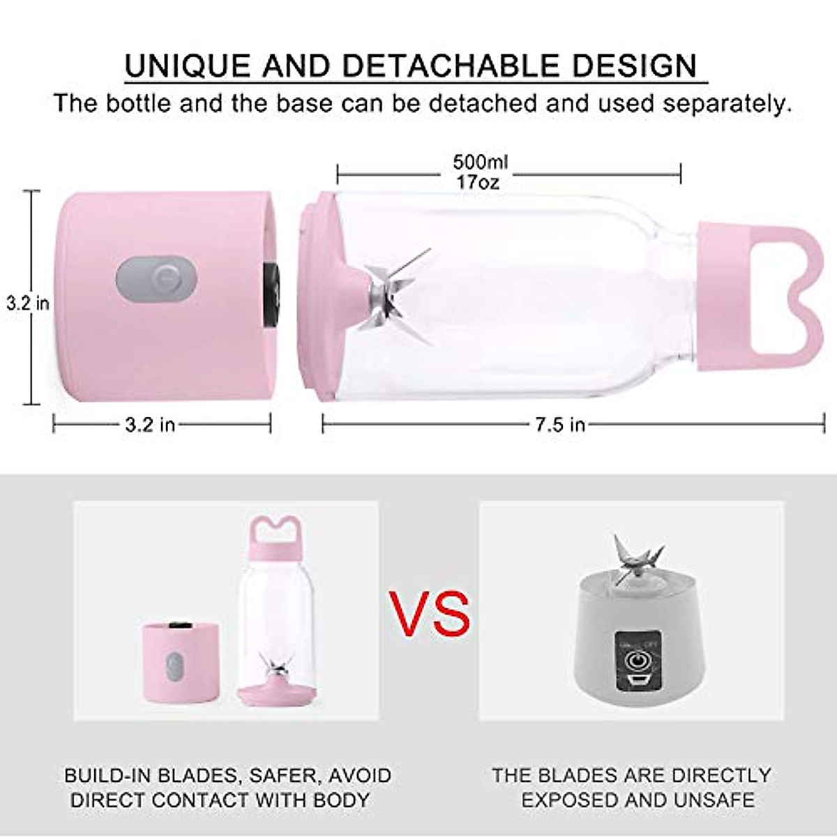 Portable Blender, Personal USB Mini Smoothie Blender, Electric Fruit Juicer Cup with Six Blades, 17oz Detachable Cup and 4000mAh Rechargeable Batteries, Small Travel bottles for shakes and smoothies (pink)