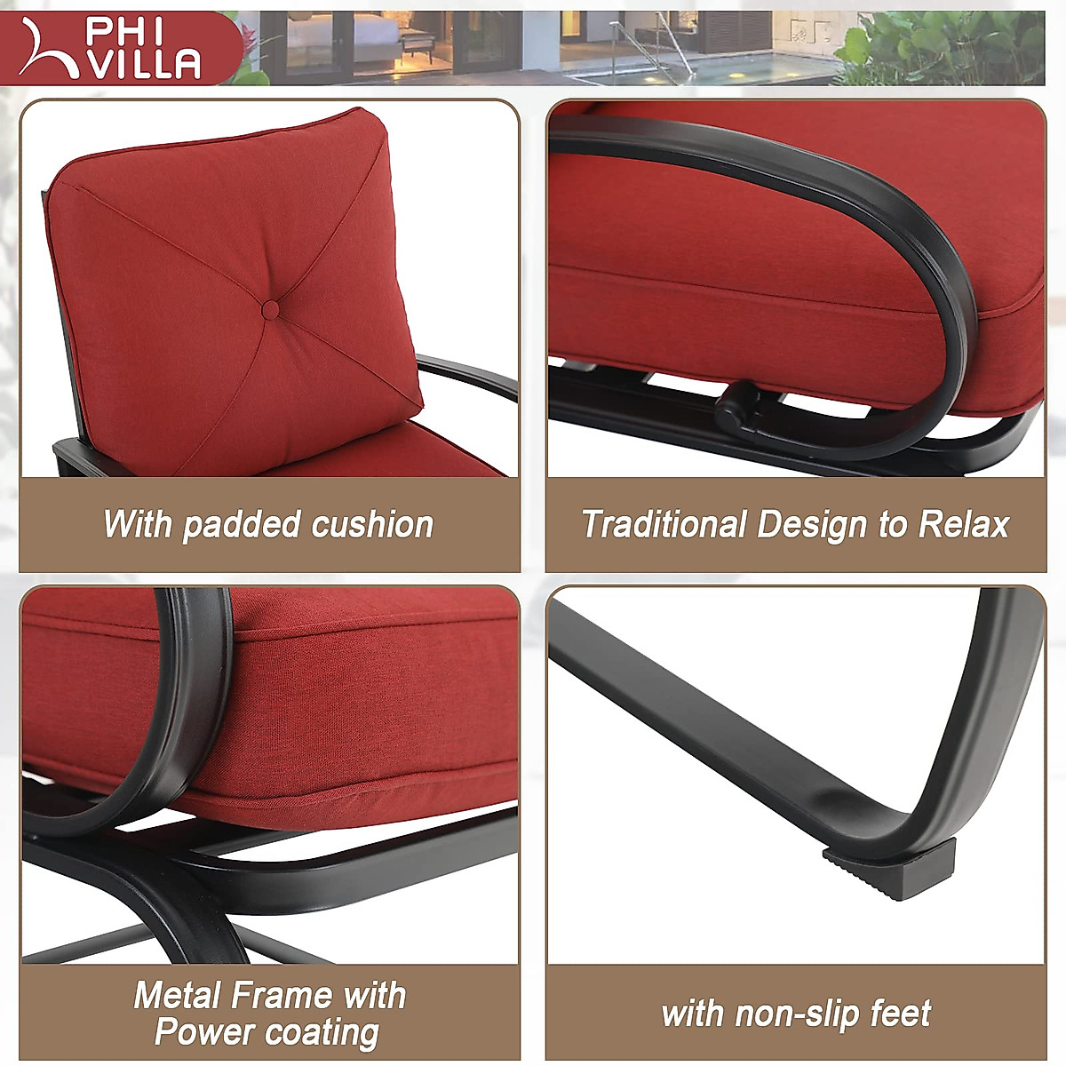 PHI VILLA Outdoor Patio Dining Set of 3, Heavy Duty Spring Dining Chairs and Round Table Bistro Furniture Set with Movable Red Cushioned Seats for Garden & Lawn