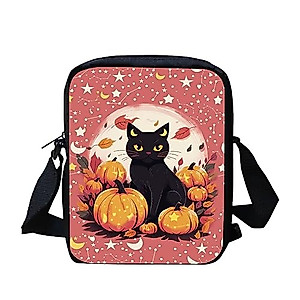 TSVAGA Halloween Messenger Bag Small Cross Body Purse Satchel Kids Schoolbag Travel Fashion Shoulder Bag for Boys Girls Sling Bag, Pink Black Cat Pumpkin