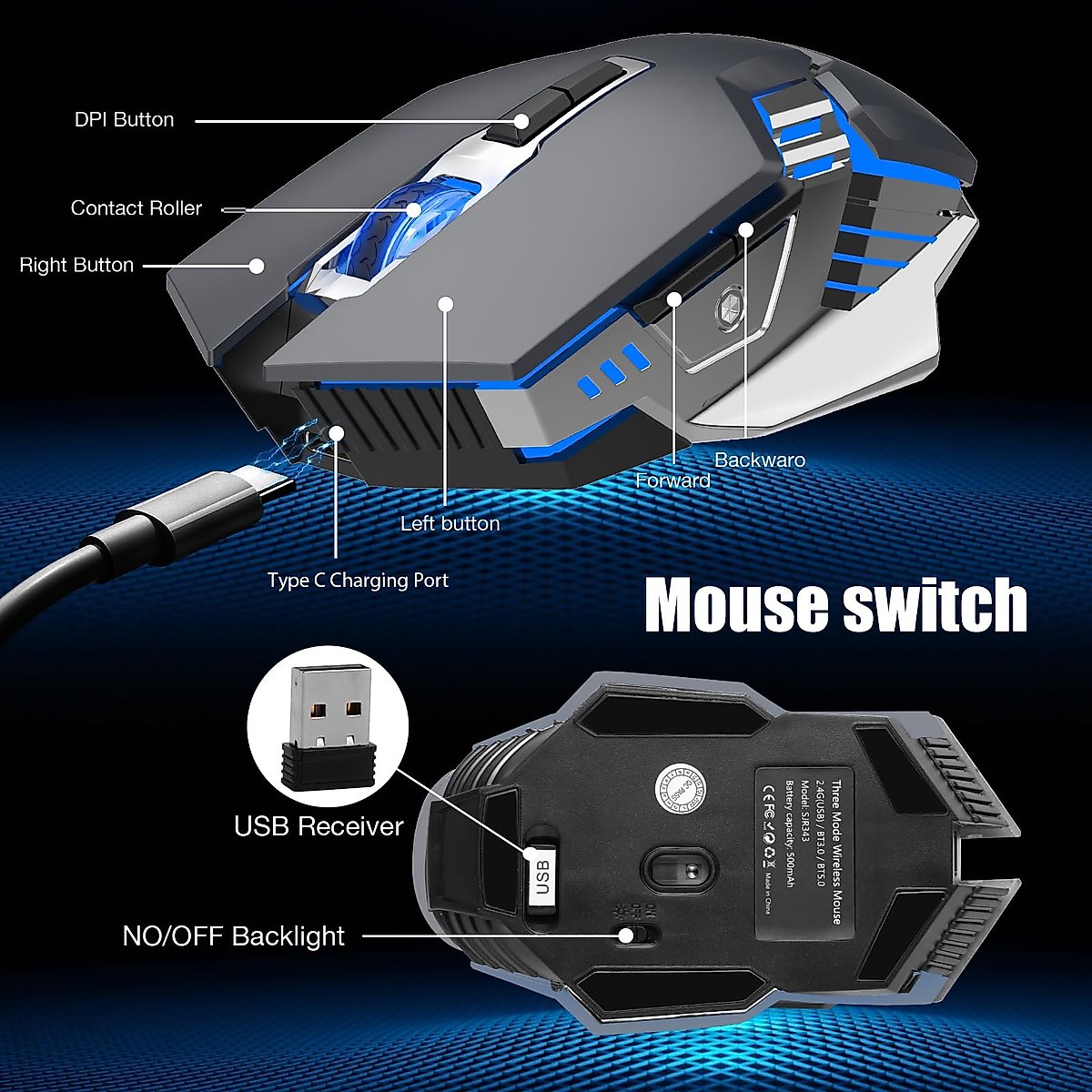 SHUNJINRUN Bluetooth Mouse, Rechargeable Wireless Mouse with 7 Buttons, RGB, 3 Modes, Ergonomic Computer Mouse for Laptop, Mac, PC, Chromebook, iPad, Tablet etc. - Gray