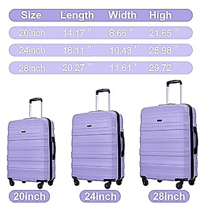 Travelhouse Expandable Hard Shell Luggage 3 Piece Set, PC Hard Wheel Luggage Set with Spinner Wheels, TSA Lock, 20 inch 24 inch 28 inch Women's suitcase set(light purple)