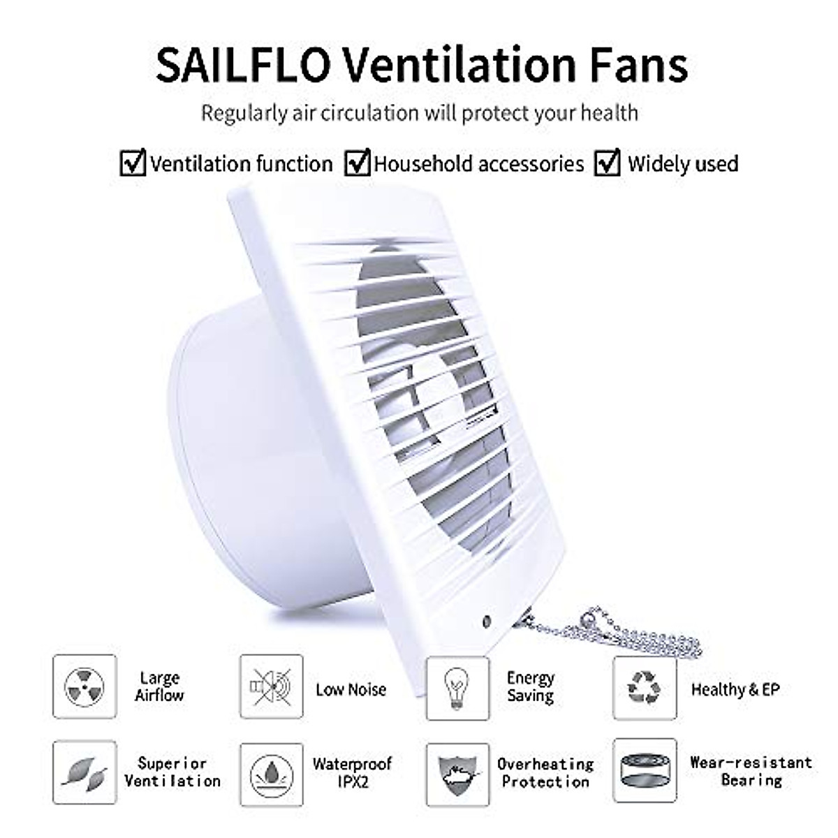 SAILFLO 4 Inch Wall-Mounted Exhaust Fan, 12W 130m³/h Ventilation Extractor with Anti-backflow Check Valve Chain Switch for Window Duct Glass Grow Tent Bathroom Vents - 6"×6" Grid Panel - Small Size