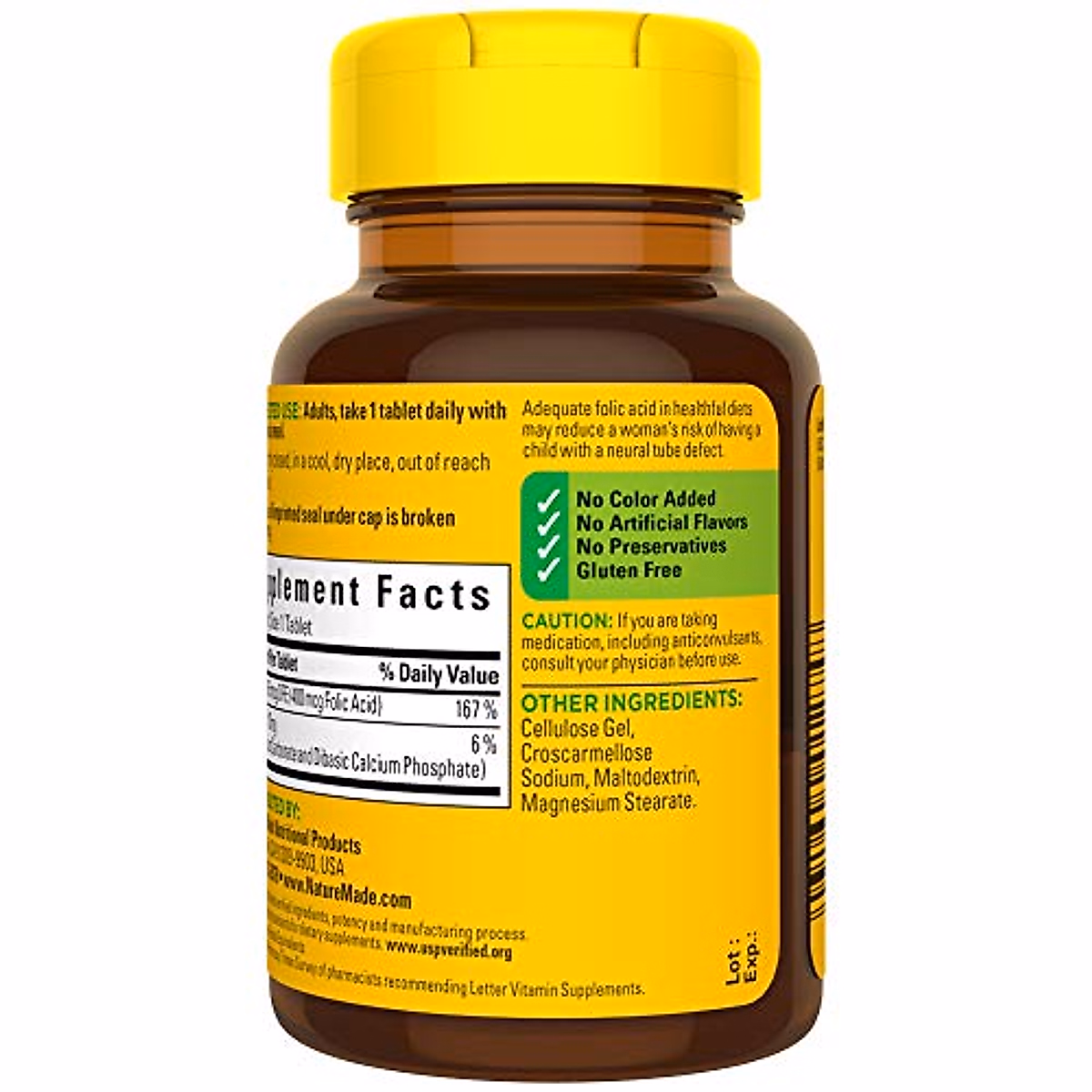 Nature Made Folic Acid 400 mcg (665 mcg DFE), Dietary Supplement for Nervous System Function, 250 Tablets, 250 Day Supply