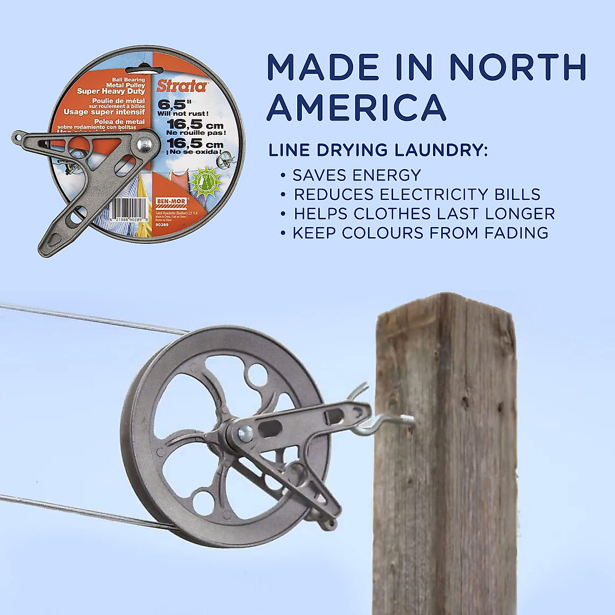 Ben-Mor Strata Outdoor Clothesline Pulley Ball Bearing Style - 6.5” Heavy Duty Metal, Rustproof Silver Pulley for Clothes Line Outdoors, Outdoor Laundry Line Pulley for Clothes,Coats, Blankets(1 unit)