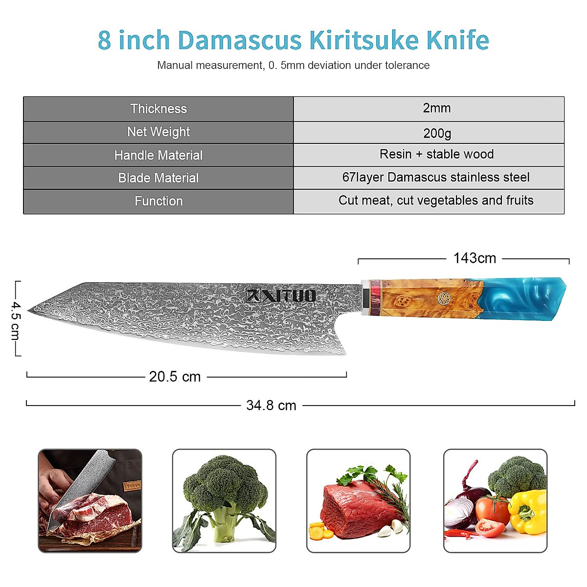XT XITUO Kiritsuke Chef Knife,8 inch kitchen Knives Japanese VG10 Steel Damascus Kitchen Meat Sushi Cutting Cleaver Knife w/octagon Blue Resin handle Gift Box (8‘’ LSZ-Kiritsuke Knife)…