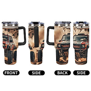 FHESDCW Off-road Racing Tumbler with Handle And Straw 40 Oz Leak Proof Large Capacity Car Cup Cupholder Friendly Stainless Steel Travel Coffee Mug Keep Cold Or Hot Black-style