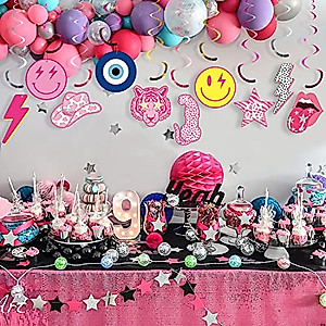 AellasNervalt 30Pcs Preppy Y2k Hot Pink Party Swirl Smile Face Lightning Ceiling Hanging Swirls Lips Leopard Whirl Streamers Decorations for Teen Girls Birthday Bachelorette Early 2000s Theme Party