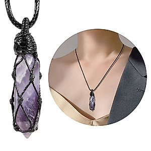 TUMBEELLUWA Hexagonal Amethyst Crystal Points Pendant Necklace for Unisex Wrapped Stone Wand Pendant with Adjustable Cord