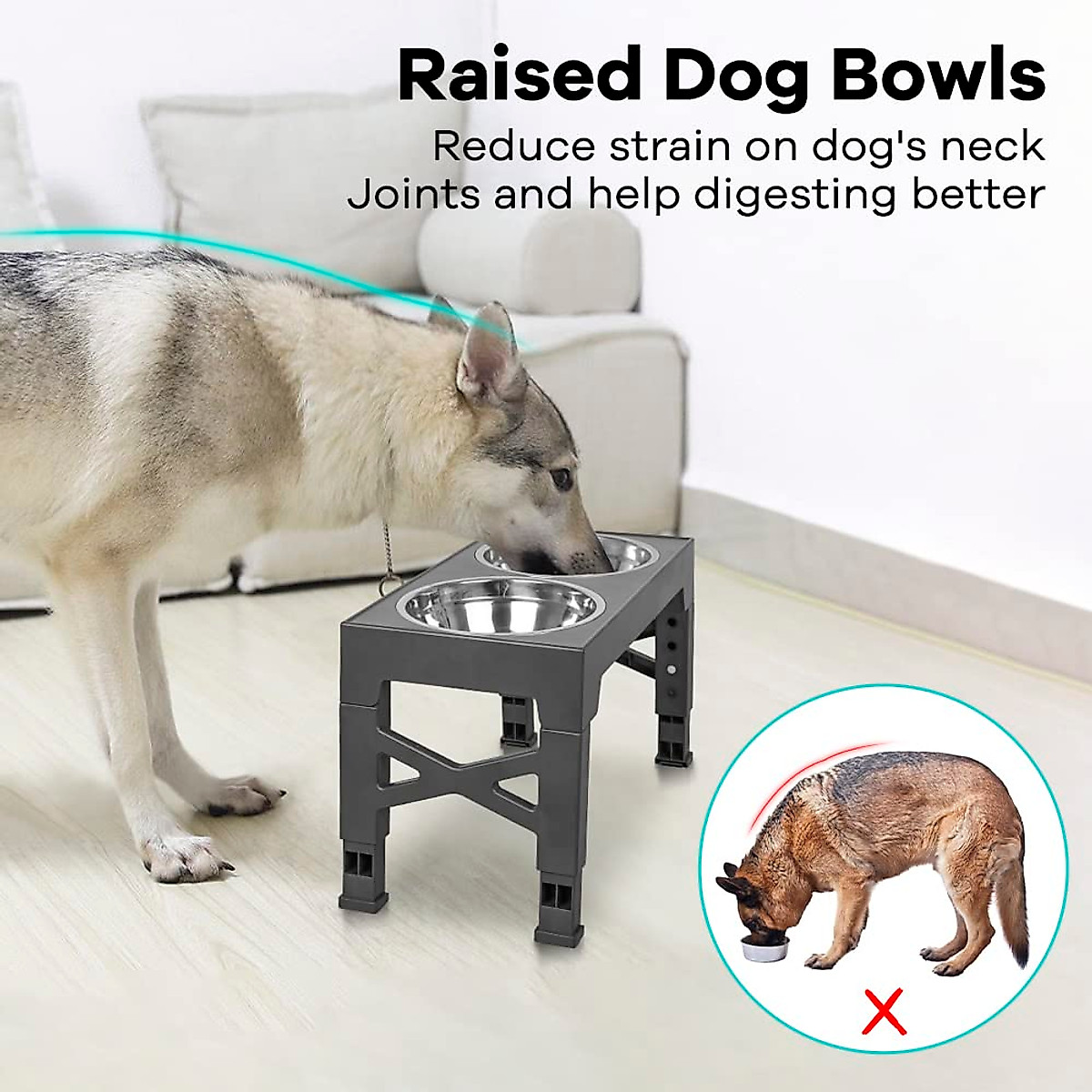 GUOOUG Elevated Dog Bowls with 2 Stainless Steel Bowls Raised Dog Bowl Adjusts to 5 Heights 3.1", 9", 10", 11", 12" Dog Bowl Stand for Large Medium Small Dogs Pets