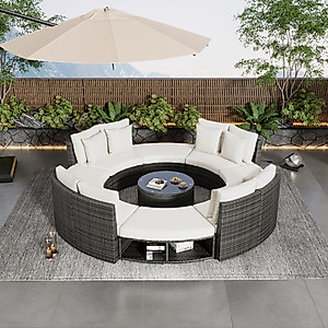 Merax Patio Furniture Set, 9-Piece Outdoor Patio Conversation Set Luxury Circular Outdoor Sofa Set Rattan Wicker Sectional Sofa Lounge Set with Tempered Glass Coffee Table, 6 Pillows, Beige