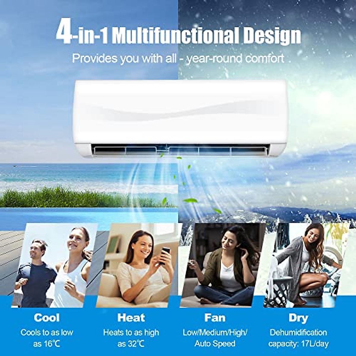 PETSITE 9000 BTU Mini Split Air Conditioner Pre-Charged Inverter Heat Pump System, 17 SEER2 208V-230V Wall Mounted Ductless AC Unit Energy Saving with Installation Kit Cools Rooms up to 450 Sq. Ft, White