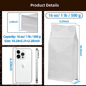 Obsoorth Air tight Coffee Bags with One Way Valve Resealable Aluminum Foil Stand up Smell Proof 25 Pieces Ziplock Coffee Bean Storage Pouches for Home and Store, Matte White 1lb