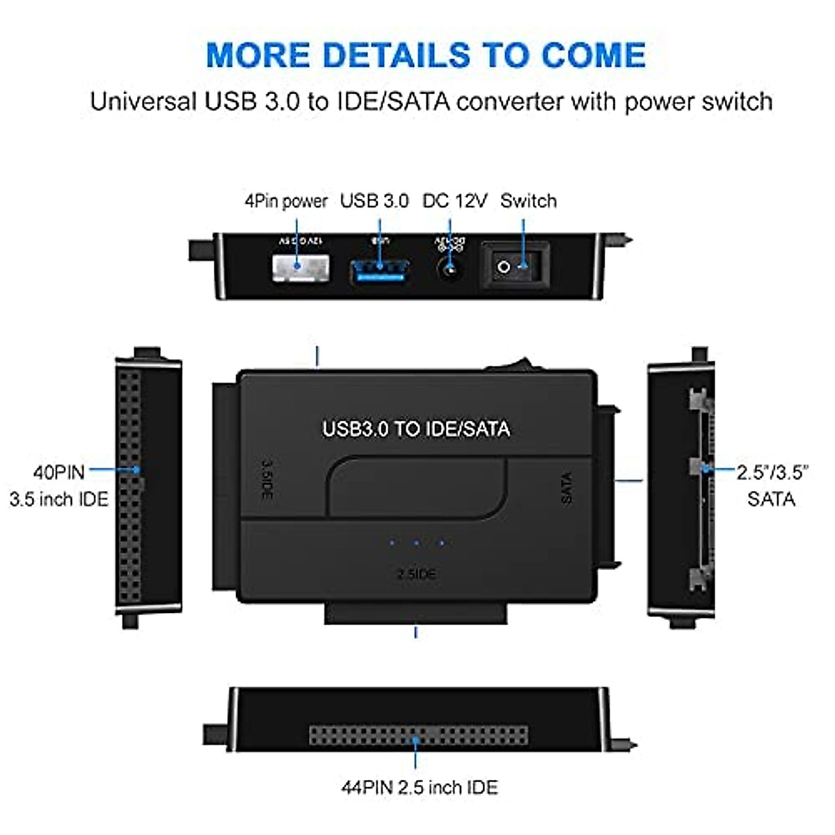 USB 3.0 to SATA IDE Hard Drive Reader, YINNCEEN External Hard Drive Ultra Recovery Converter Universal Hard Drive Adapter Kit for 2.5/3.5 HDD/SSD Hard Drive Disk, Include 12V/2A Power Adapter
