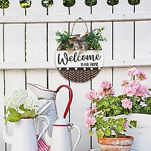 Surfapans Welcome to our Home Sign for Front Door Wall Hanging Round Wood Wreaths Outdoor Signs for Farmhouse Front Porch Decor (Wood)