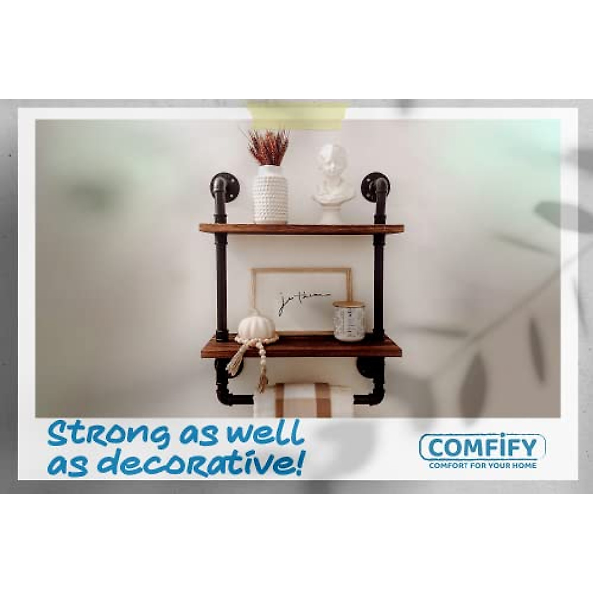 Industrial Bathroom Shelf w/Pipe Towel Bar – Farmhouse Towel Rack Made of Paulownia Wood and Cast Iron, Pipe Rack in Black Matte – Wall Mount Hand Towel Holder for Rustic Décor w/ 2-Tier Shelf