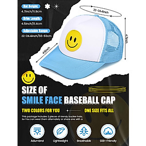 Cozypower 2 Pcs Smile Face Baseball Cap Smile Trucker Hat Mesh Adjustable Baseball Cap Retro Preppy Hats for Women(Blue, Pink, White)