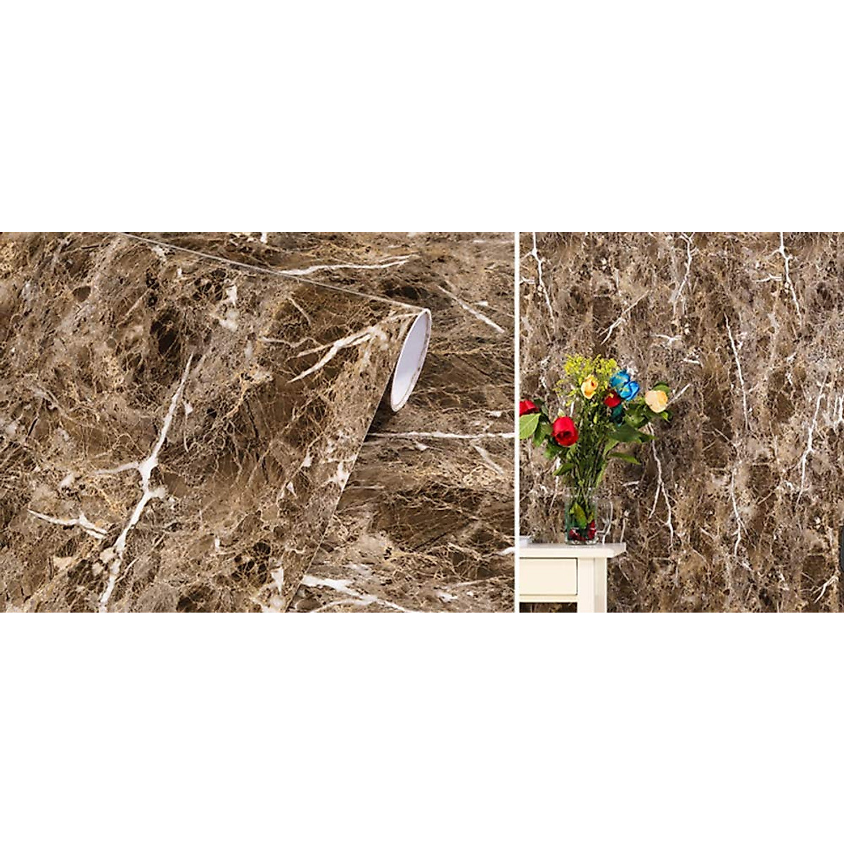 MULLSAN Self Adhesive Granite Look Marble Gloss Film Vinyl Counter Top Peel and Stick Wall Decal Dark Brown 24in by 118in