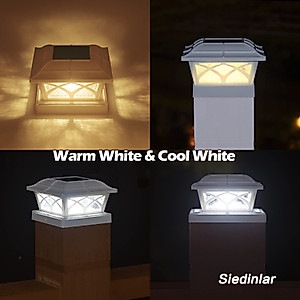 SIEDiNLAR Solar Post Cap Lights Outdoor Glass 2 Modes 8 LEDs for 4x4 5x5 6x6 Posts Fence Deck Patio Decoration Warm White/Cool White Lighting White (2 Pack)