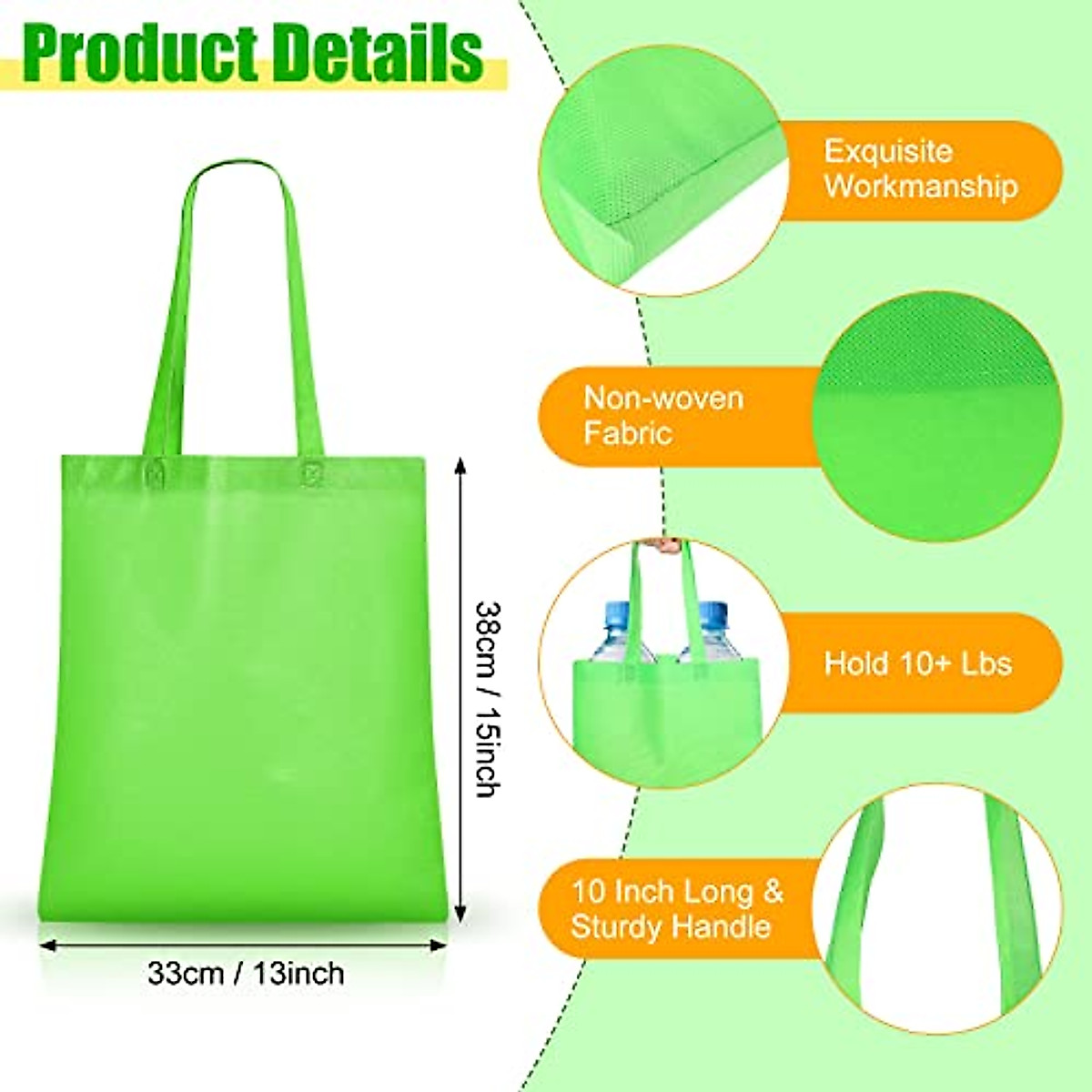Jexine 50 Pack Non Woven Tote Bags Bulk 13 x 15 Inch Reusable Grocery Bags with Long Handles for Shopping, Birthday Party (Bright Color)