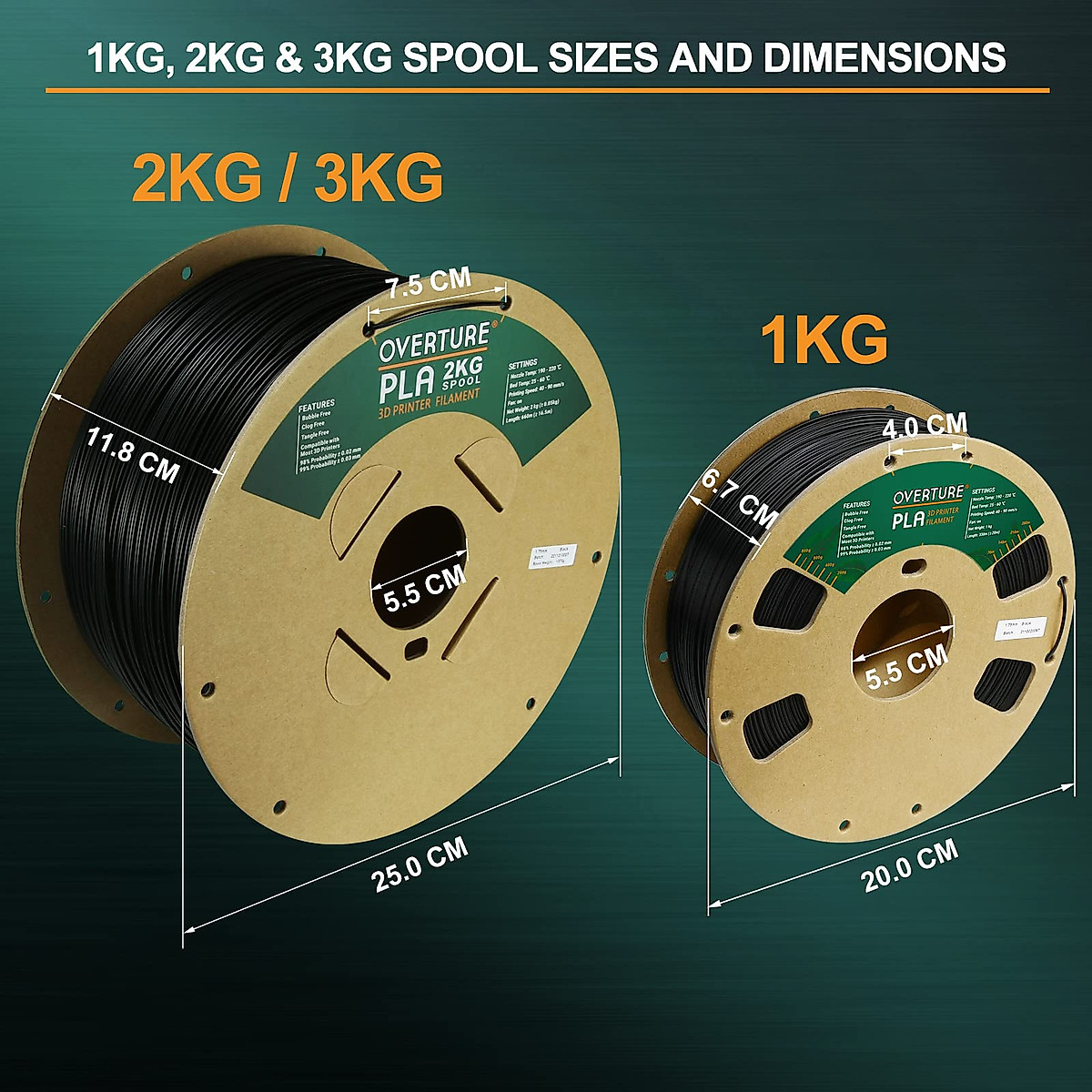 OVERTURE PLA Filament 1.75mm PLA 3D Printer Filament, 2kg Cardboard Spool (4.4lbs), Dimensional Accuracy +/- 0.02mm, Fit Most FDM Printer(Black 2KG-1 Pack)