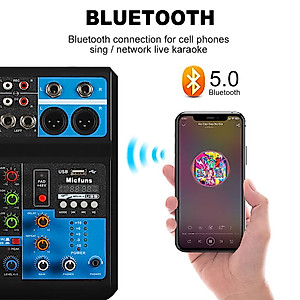 Mini audio DJ mixer Sound Board Console System,5 Channel 48V Phantom Power with Bluetooth USB MP3 Stereo live DJ Studio Streaming for professional recording party KTV stage