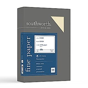Southworth FSC Certified 55% Recycled 25% Cotton Linen Business Paper, 8 1/2in. x 11in., 24 Lb, Ivory, Box Of 500, 564C
