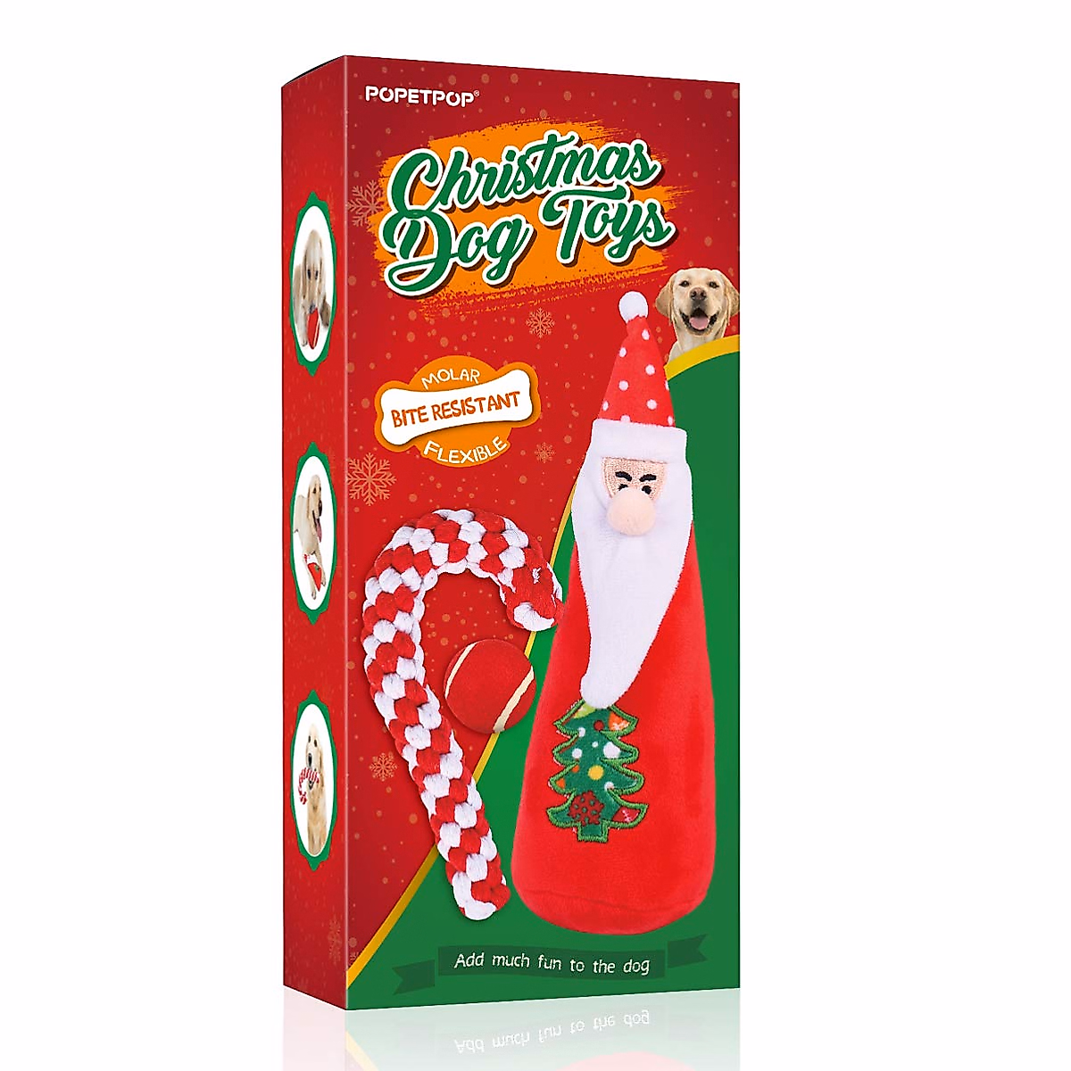 POPETPOP Christmas Dog Toys 3 Pcs, Dog Teeth Cleaning Rope Toy, Durable Dog Chew Ball and Santa Squeaky Plush Dog Toy for Small Dogs and Puppy - Xmas Dog Toy