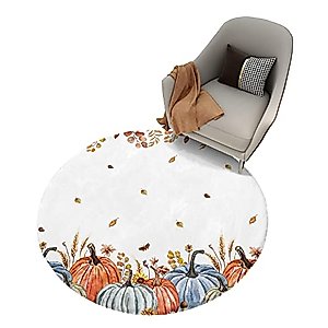 Round Fluffy Area Rug Thanksgiving Fall Pumpkin Harvest Ultra Soft Short Plush Circle Carpet Autumn Leaves Wheat on White Non-Slip Shaggy Accent Throw Rugs for Living Room Bedroom Nursery 48in
