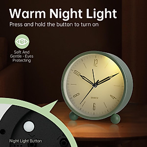 Analog Alarm Clock, 4 inch Super Silent Non Ticking Small Clock with Night Light, Battery Operated, Simply Design, for Bedroon, Bedside, Desk, (Green)