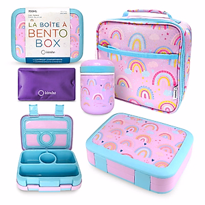 Bento Lunch Box with Thermos for Kids Set, Insulated Lunch Bag with Ice Pack, Stainless Steel Food Jar for Hot Soup, Boxes with 4 Compartments, Purple Rainbow