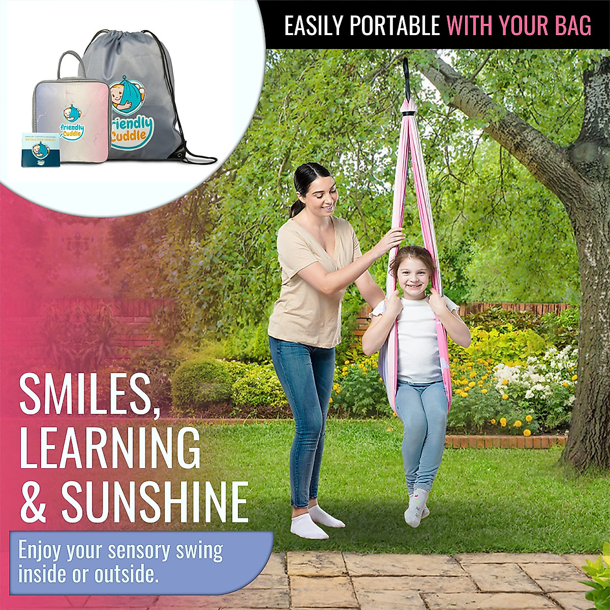 Indoor Sensory Swing for Kids or Outdoor – Holds 300lbs, Double-Layer, & 360° Swivel, Calming Compression Therapy Swing Hammock for Kids & Adults with All Hardware – Sensory-Motor Toys & Gifts