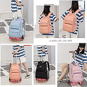 LANSHIYA Solid Color Girls Rolling Backpack with Wheels Schoolbag Elementary School Student Trolley Daypack