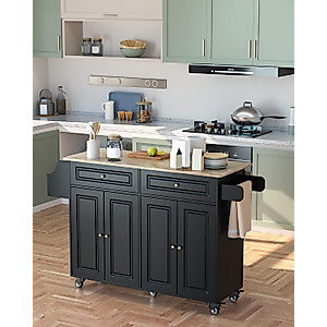 Qsun Kitchen Island with Storage, Kitchen Cart on 5 Universal Wheels, Mobile Kitchen Island with Rubber Wood Top and Side Rack (Black)