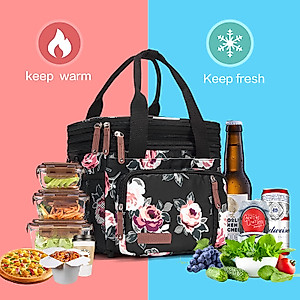 MOV COMPRA Lunch Bag Women Flower Insulated Lunch Box for Work, Expandable Large Lunch Bag, Leakproof Double Deck Lunch Box Cooler Bag with Removable Shoulder Strap（Flower）