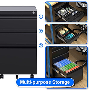 LOCENHU 3-Drawer Locking Metal File Cabinet for Home Office,Easy to Move,Durability and Stable,Under-Desk Filing Cabinet with Legal/Letter Size Drawer,Fully Assembled,Black