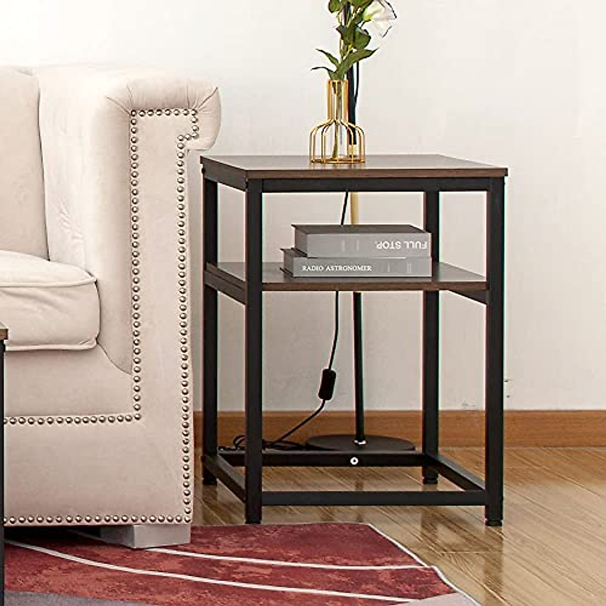 Coral Flower Nightstands Set of 2, 2-Tier Side Table Industrial End Table for Small Space in Living Room, Bedroom and Balcony, Stable Metal Frame, Dark Oak
