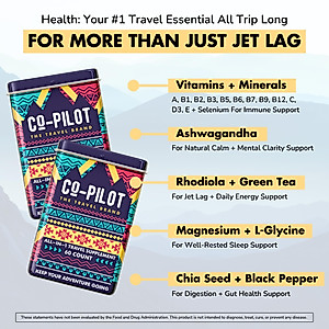 Co-Pilot All-in-1 Travel Supplement: Jet Lag Prevention + Ashwagandha, Rhodiola, D3+ for Immune Support, Energy, Digestive Health | Airplane Travel Essentials Multivitamin - Vegan | 60 Count