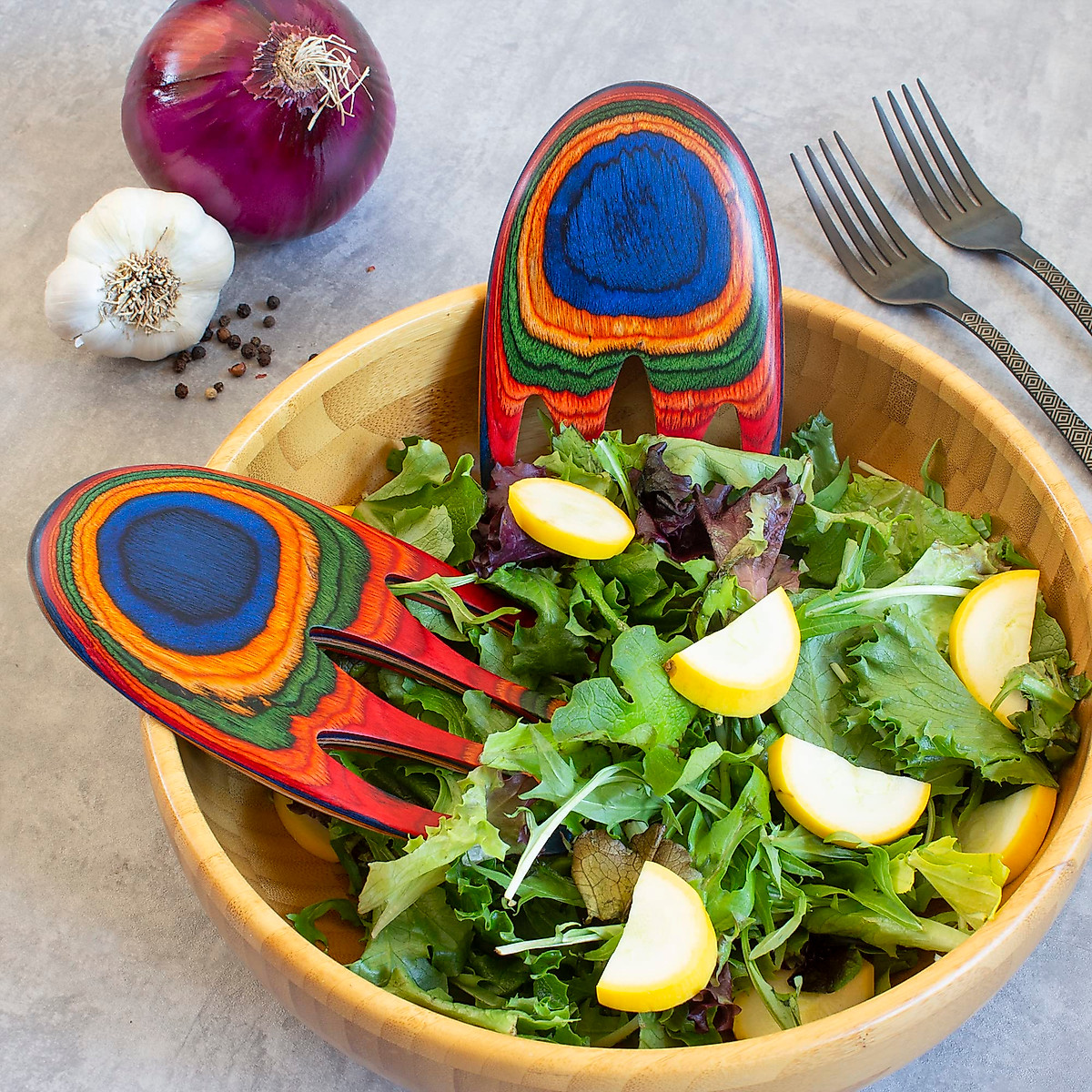 Baltique Marrakesh Collection Salad Hands Serving Utensil Set, Colorful Wooden Salad Servers