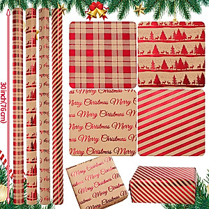 woric Jumbo Christmas Wrapping Paper 30 Inch 4 Rolls Gift Wrapping Paper Christmas Rolls, Brown Paper with Red Pattern Vintage Christmas Stocking Stuffers, 10 Feet Per Roll
