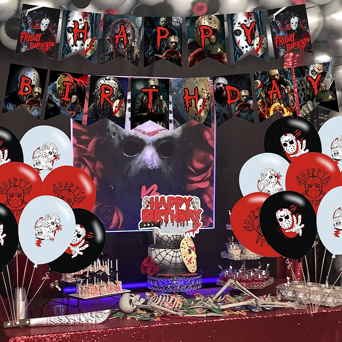 Friday The 13th Party Decorations,Birthday Party Supplies for Horror Movie Party Supplies Includes Banner - Cake Topper - 12 Cupcake Toppers - 18 Balloons