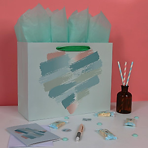 13" Large Mint Green and Peach Gift Bag Set with Greeting Card and Tissue Papers (Brushstroke Heart Design) for Celebrating Birthday Party, Mother's Day, Wedding, Anniversary, Bridal Shower - 13”x5.2”x10.2”, 1 Pcs.