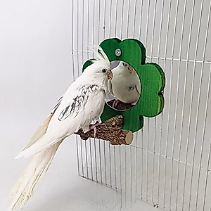 Bird Parakeet Mirror for Cage,Parrot Perch Stand,Wooden Hummingbird Swing Toy,Parakeet Accessories for Cockatiels Conure Finch Lovebird Canary African Grey Macaw (Clover)