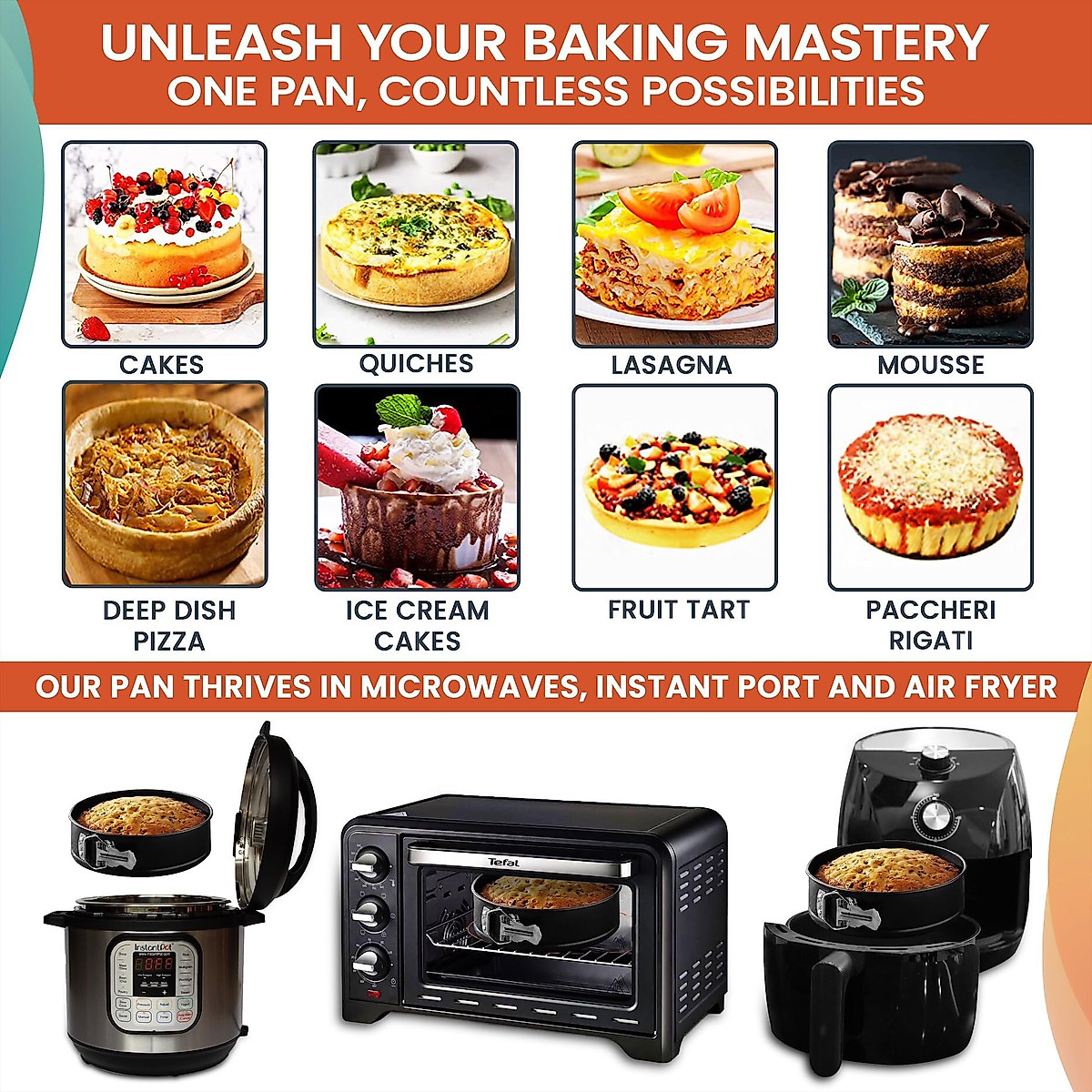 RFAQK 150PCs Cake Pan Set for Baking + Cake Decorating Supplies: 3 Round Non Stick Springform Pan Set (4, 7, 9 inches),24 Icing Tips,Cake Leveler–Multi-functional Leak-Proof Cake Pans & eBook