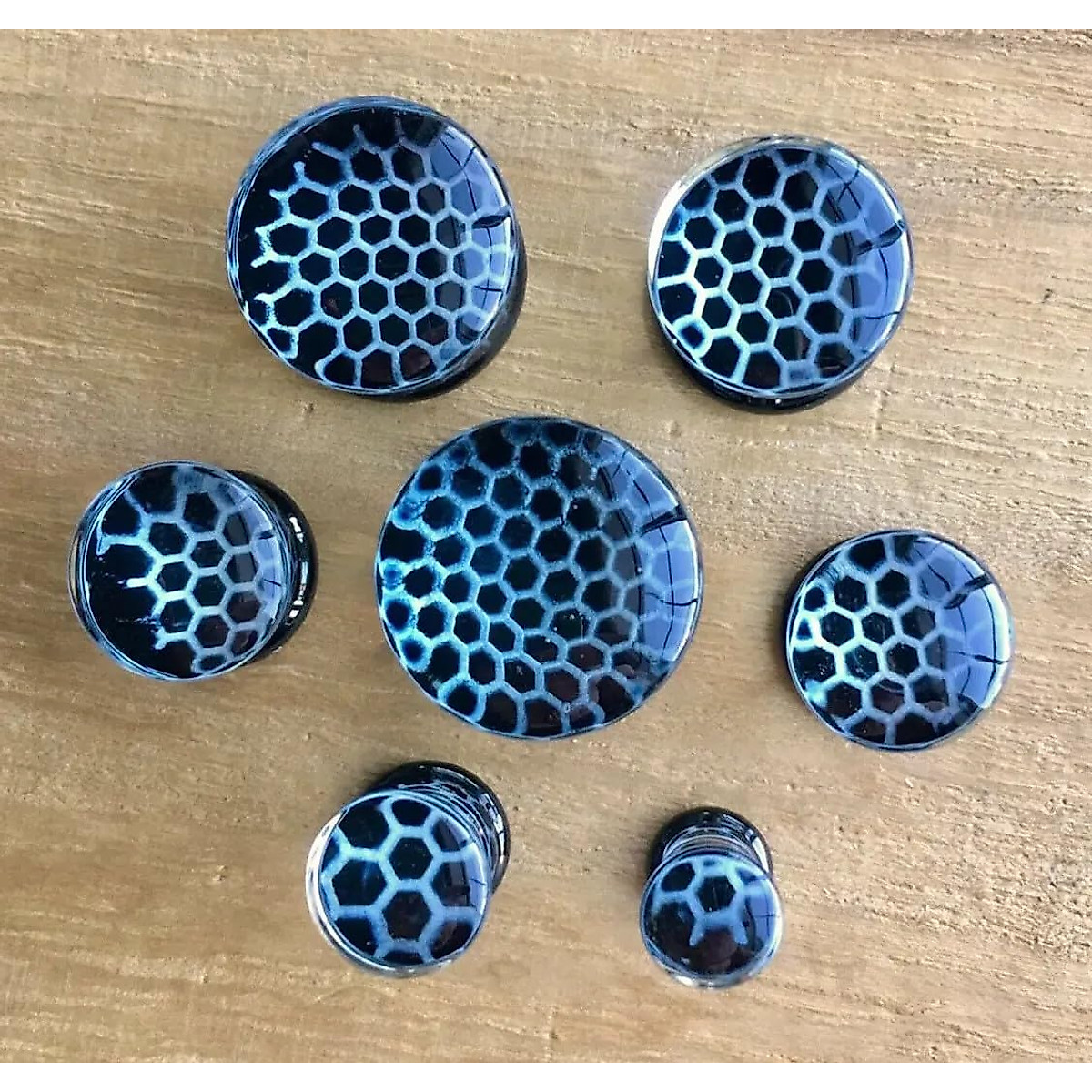 Lobal Domination PAIR of Black Honeycomb Design Pyrex Glass Double Flare Plugs Gauges Body Jewelry (10mm (00g))